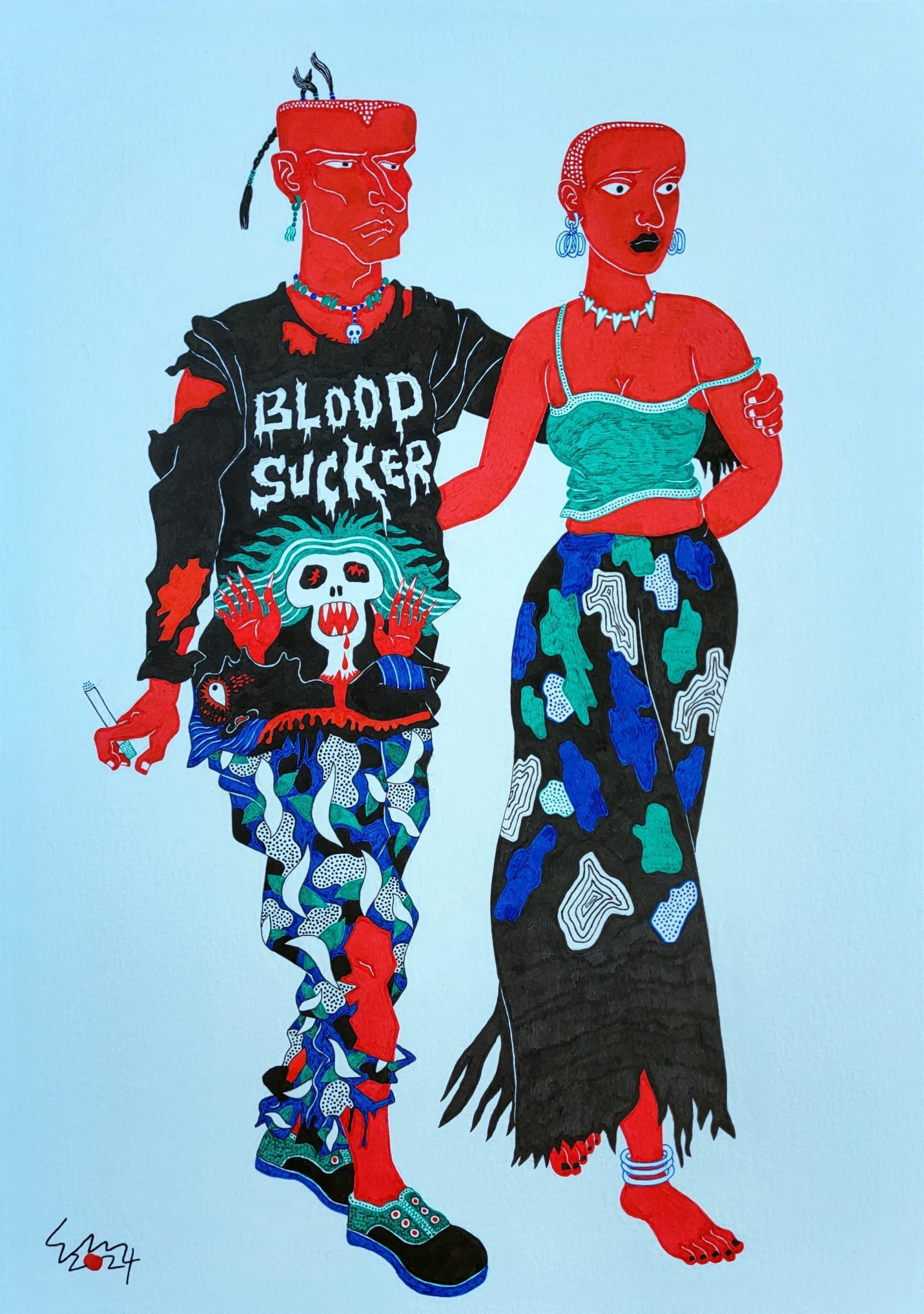 Young Lovers Walking - Ink Drawing - Art Lovers Australia