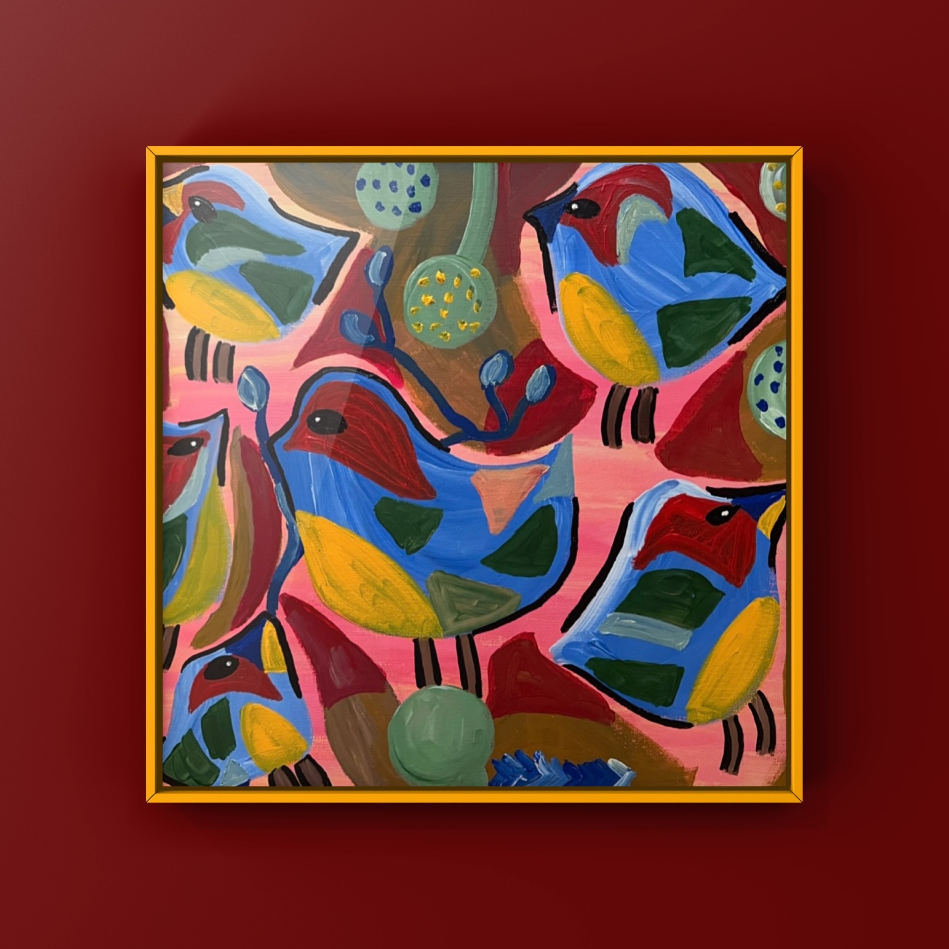 Multi-Colored Birds with Pink Background - Art Lovers Australia